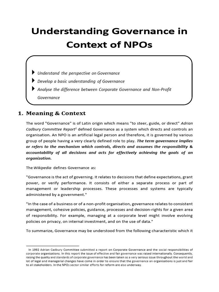 Understanding Governance in Context of NPOs | PDF | Governance | Non Governmental Organization