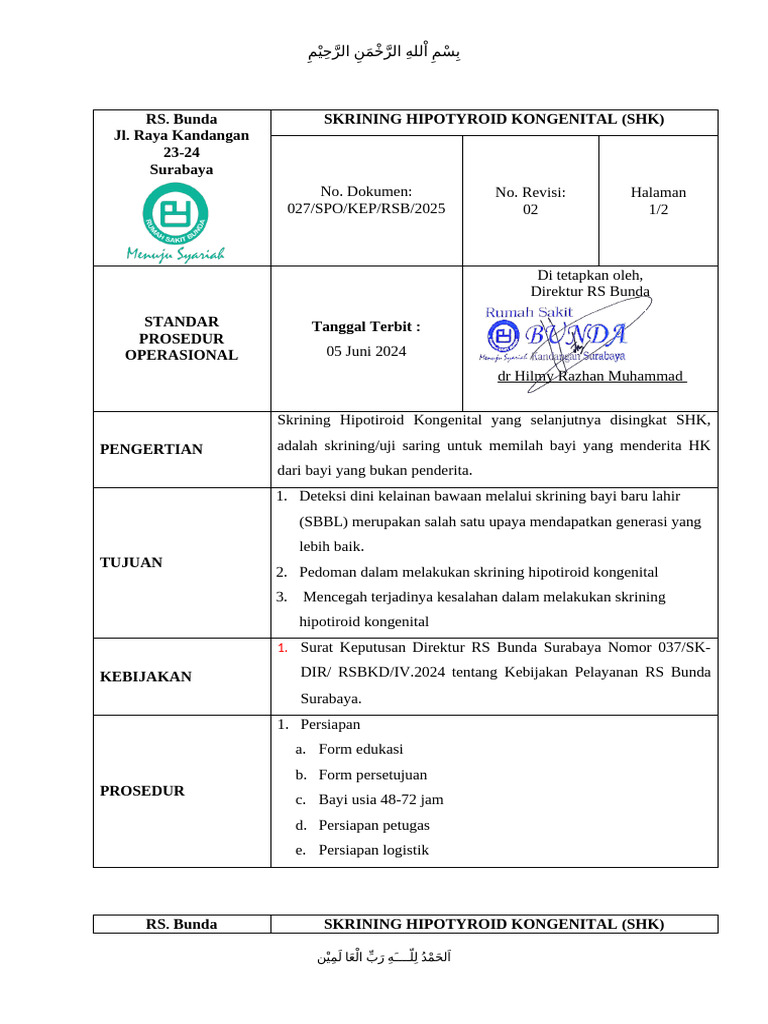 Spo Pemeriksaan SHK | PDF