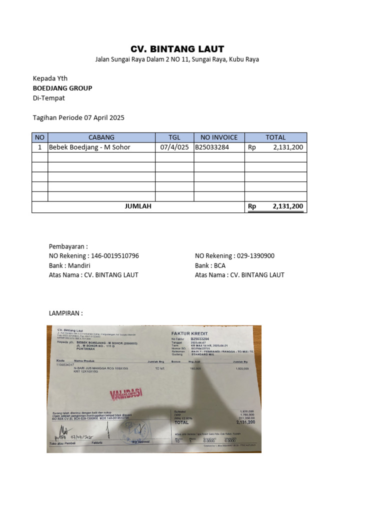 Tagihan Bebek Boedjang-CV Bintang Laut | PDF