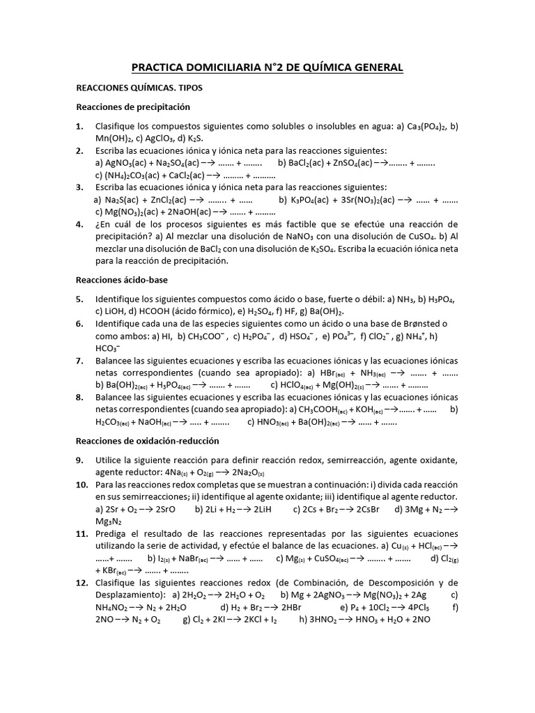 PD2 Reacciones, Estequiometría, Gases, Soluciones y Equilibrio Quimico | PDF | Concentración ...