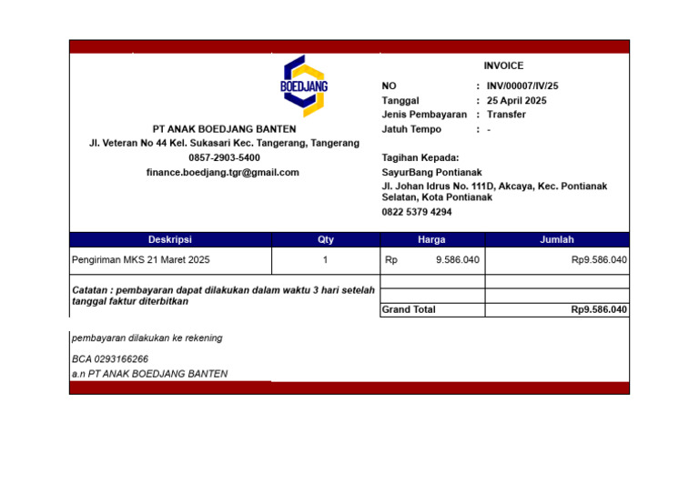 Invoice PT Anak Boedjang - Sayurbang Maret | PDF