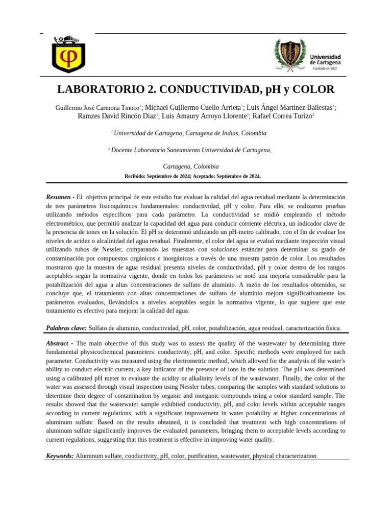 Laboratorio 2. Conductividad, PH y Color | PDF | Agua | Ph