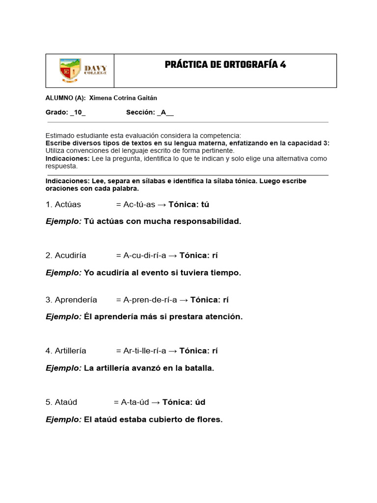 Práctica de Ortografía para 10° Grado | PDF