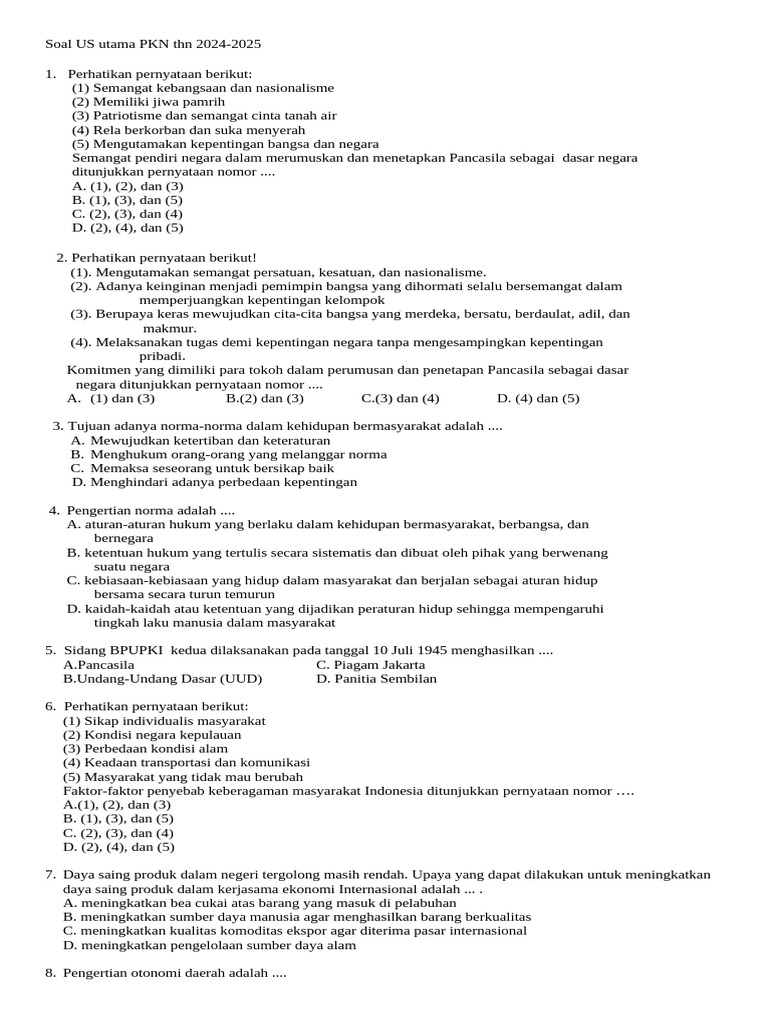 Soal US Utama PKN Thn 2024-2025 | PDF