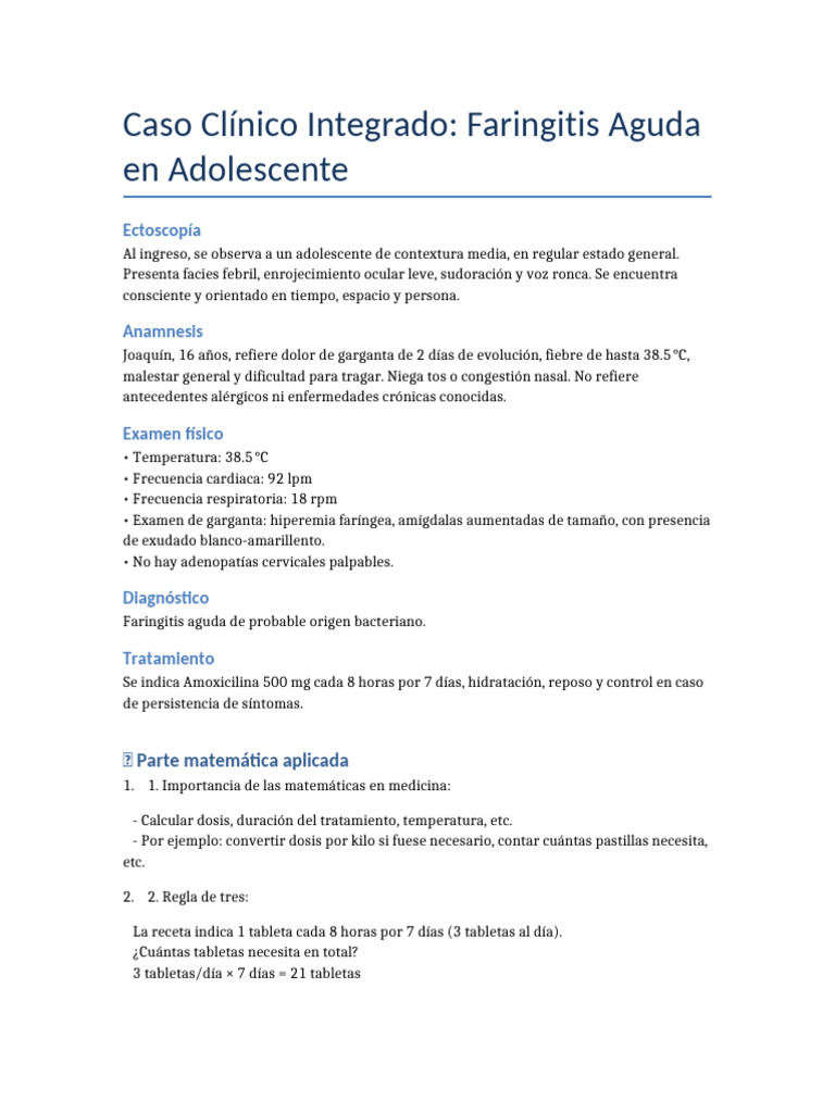 Faringitis Aguda en Adolescente: Diagnóstico y Tratamiento | PDF
