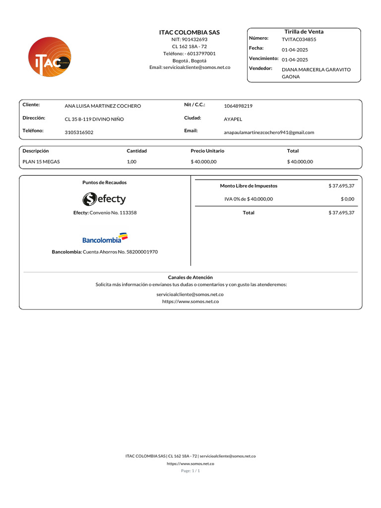 Tirilla de Venta TVITAC034855 | PDF