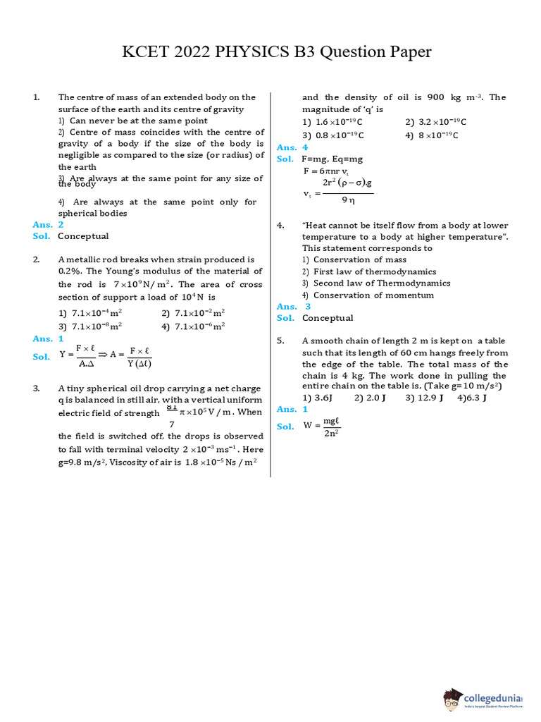 KCET 2022 PHYSICS B3 Question Paper: Ans. 4 Sol | PDF | Diffraction | Electronvolt