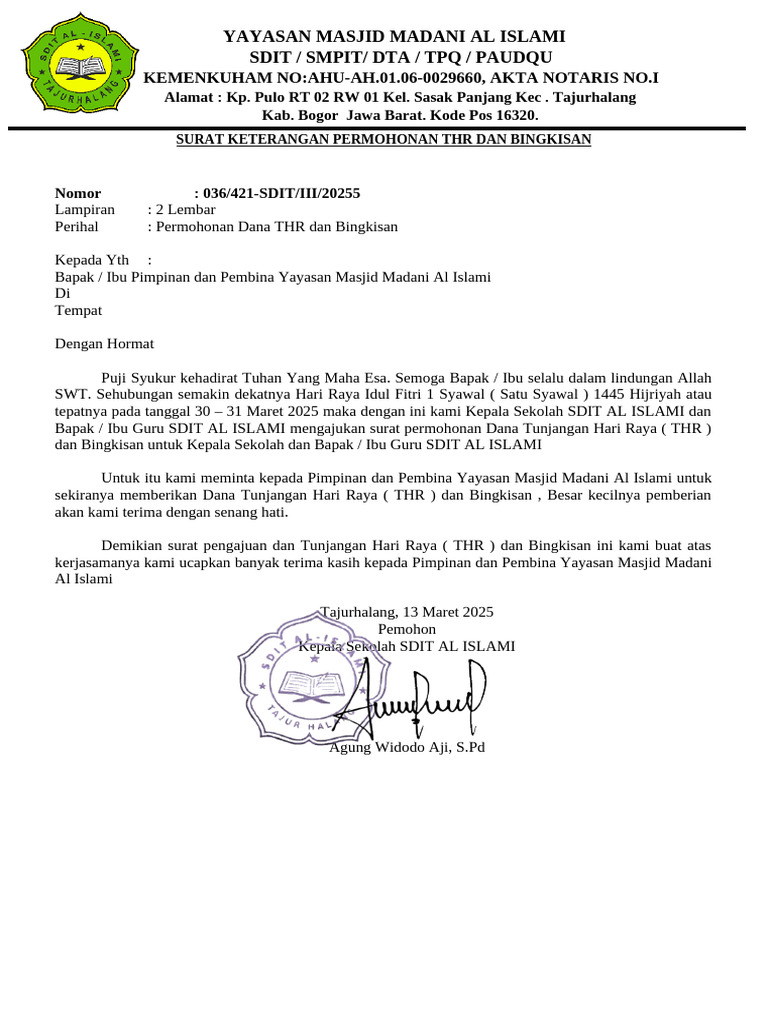 Surat Permohonan THR SDIT AL ISLAMI Tahun Ajaran 2024-2025 | PDF