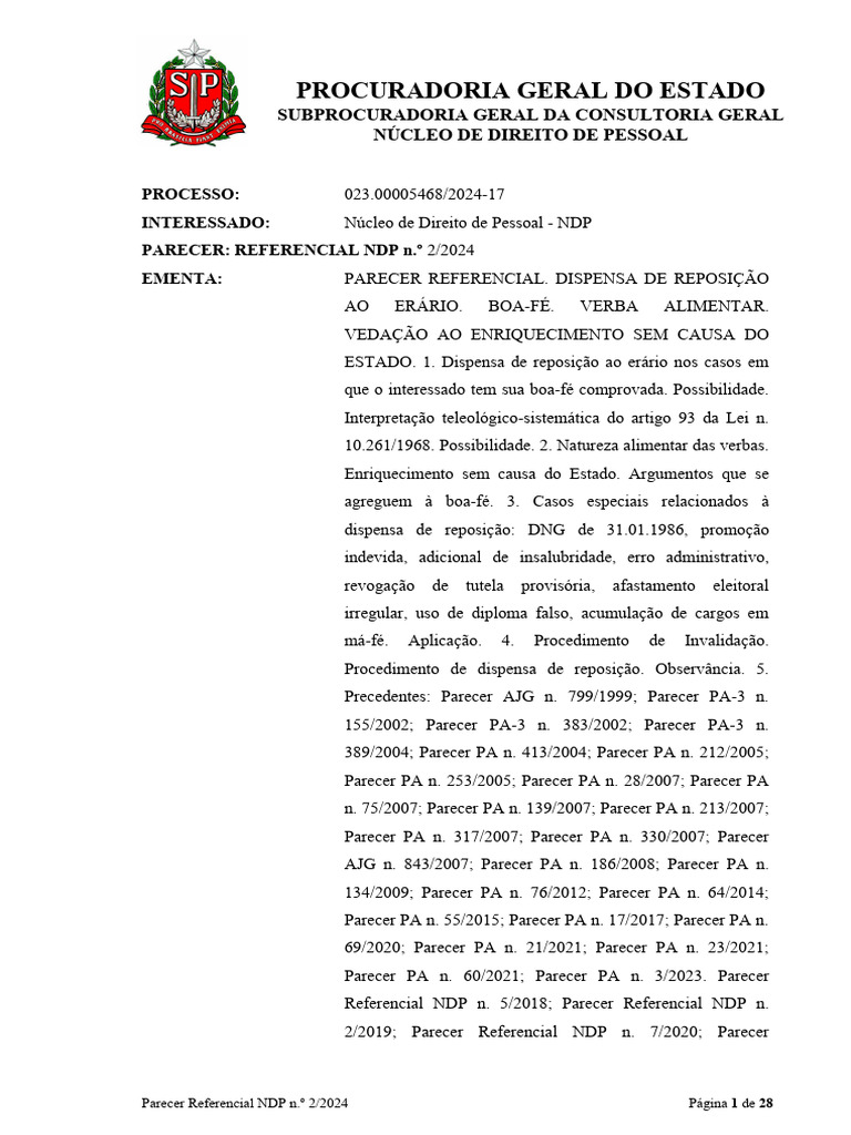 Parecer Referencial NDP 2 2024 | PDF | Estado | Fé