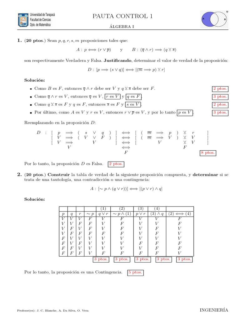 Pauta Control 1 Álgebra I - S1 2023 (Arica) | PDF | Proposición | Matemáticas