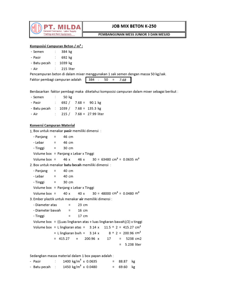 Job Mix Beton Mutu K-250 | PDF