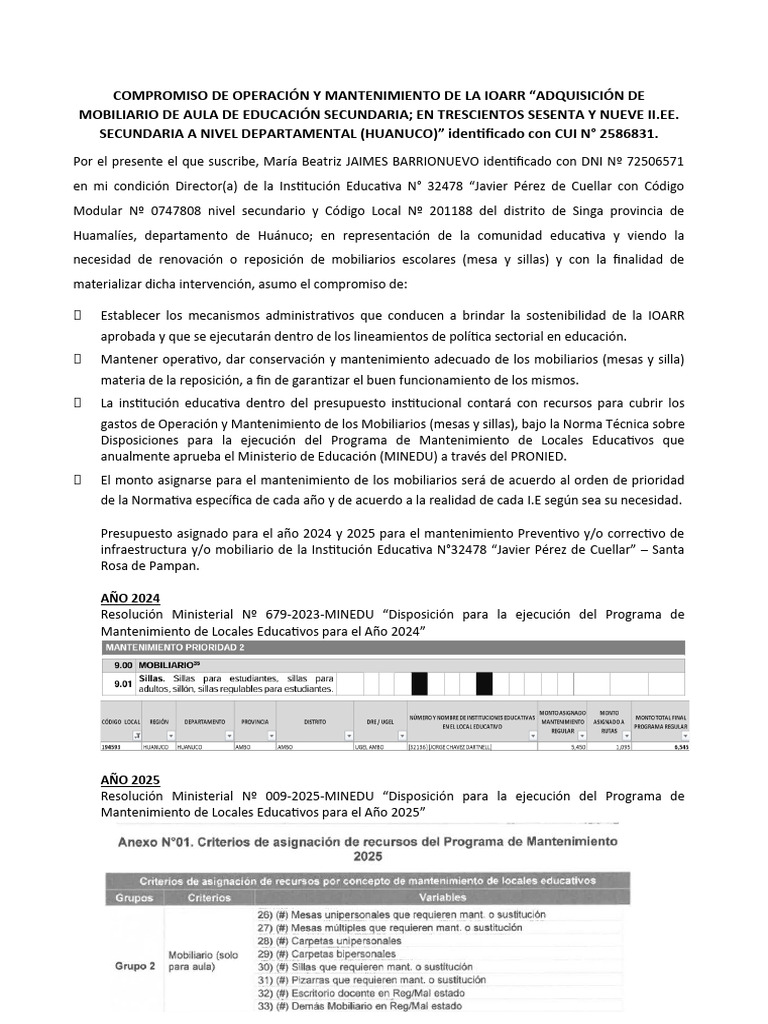 Compromiso de OO y MM Secundaria I.E JPC-SINGA | PDF