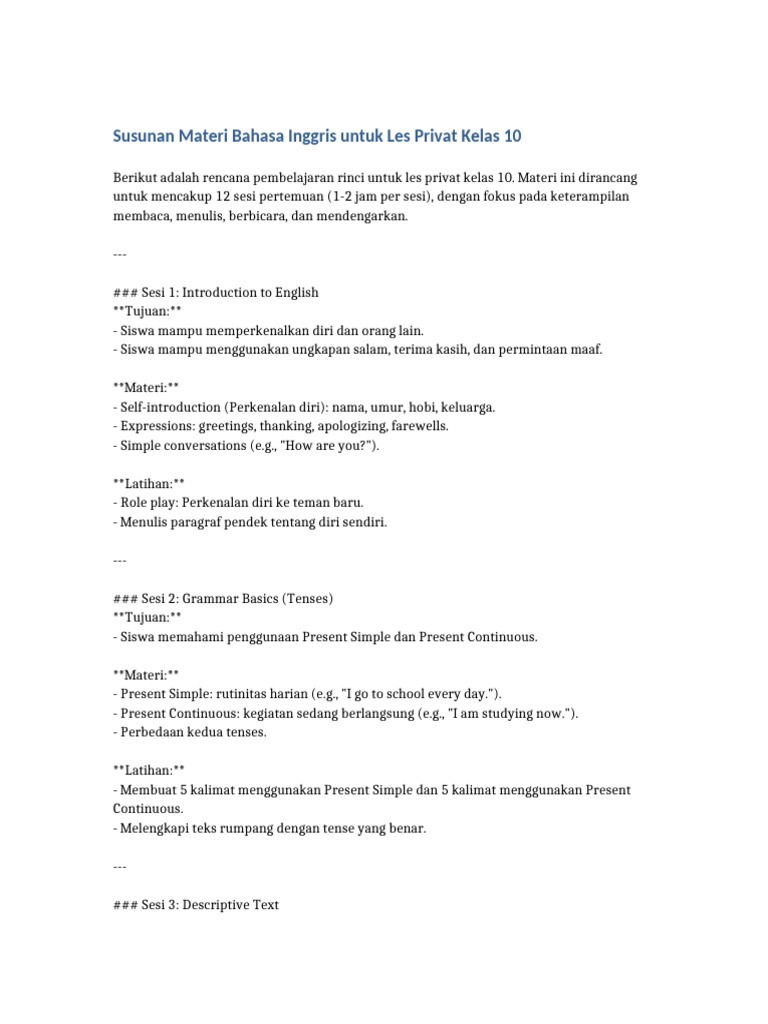 Materi Les Privat Bahasa Inggris Kelas 10 | PDF