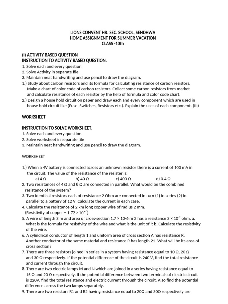 Class 10 Summer Assignment: Resistors | PDF | Resistor | Series And ...
