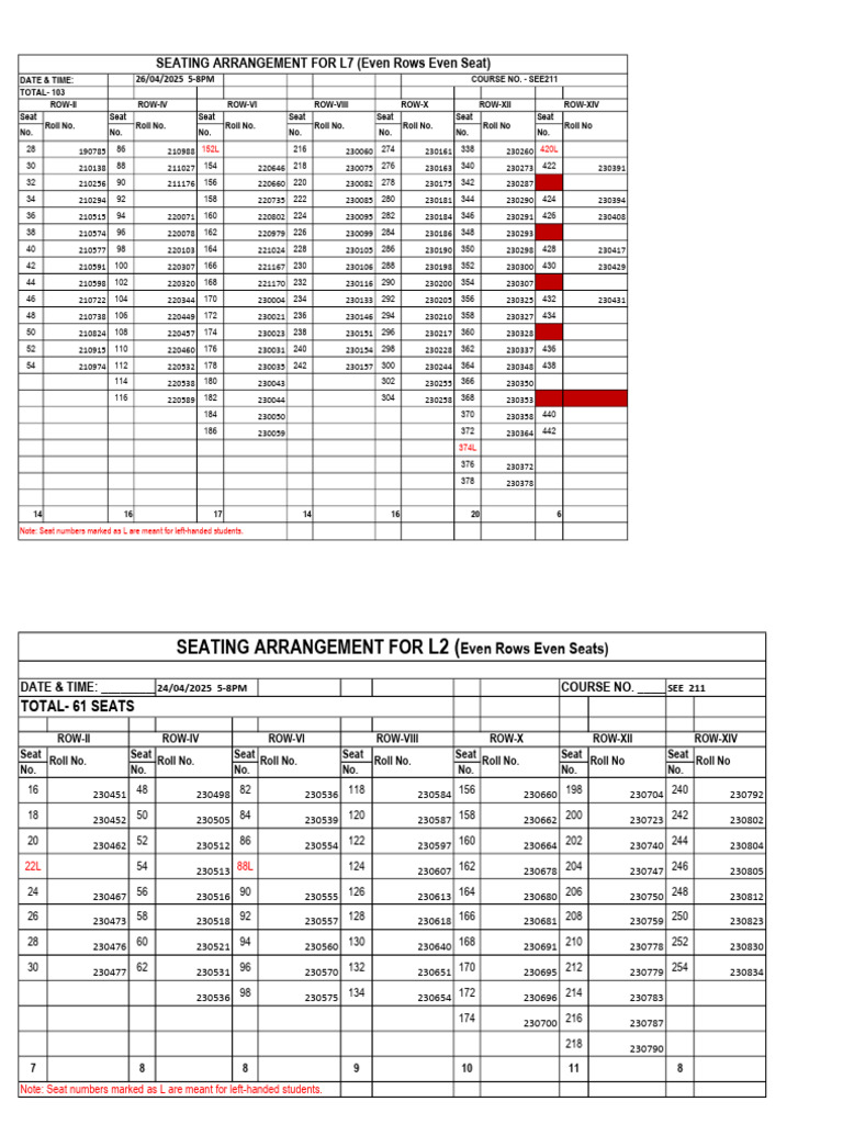 Endsem Seating Plan See211 | PDF