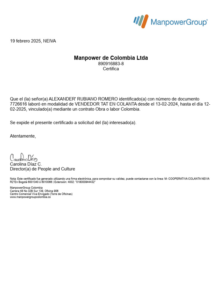 Certificado Laboral Manpower | PDF