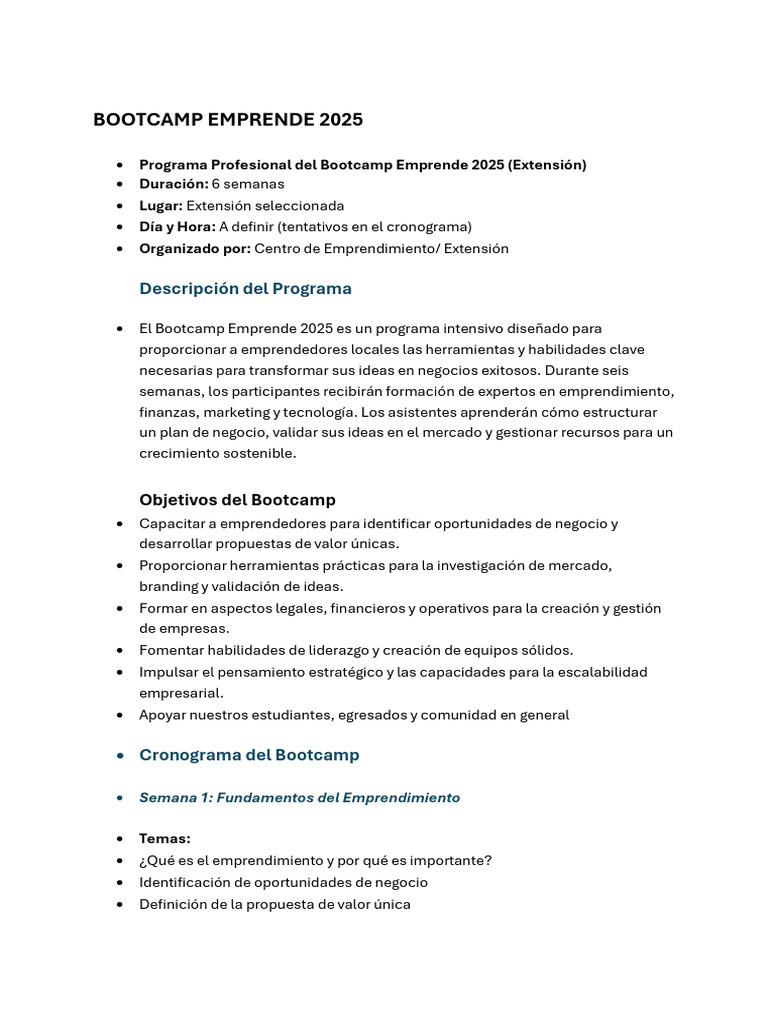 BOOTCAMP Emprende 2025 | PDF | Iniciativa empresarial | Plan de negocios