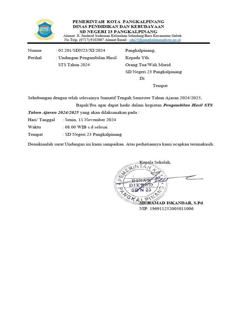 Undangan Pengambilan Hasil STS 2024 | PDF