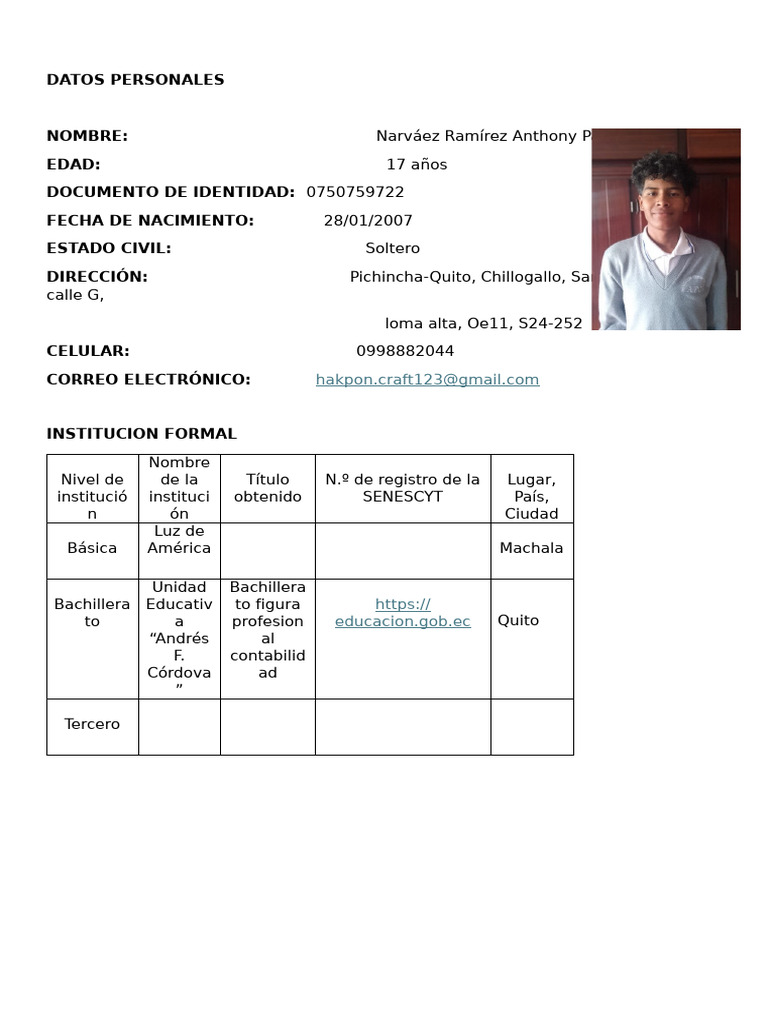 Datos Personales de Anthony Narváez | PDF
