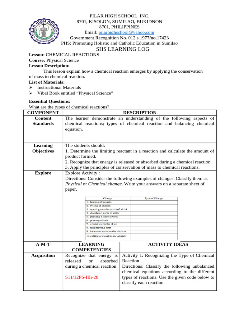 Chemical Reactions SHS Log | PDF | Chemical Reactions | Chemistry