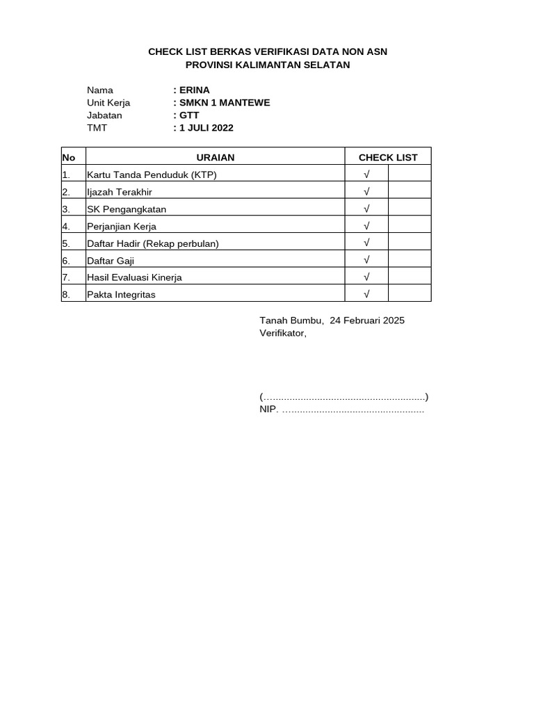 Check List Berkas Verifikasi | PDF