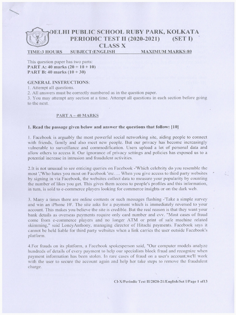 CL 10-English Periodic Test-2 2020-21 | PDF