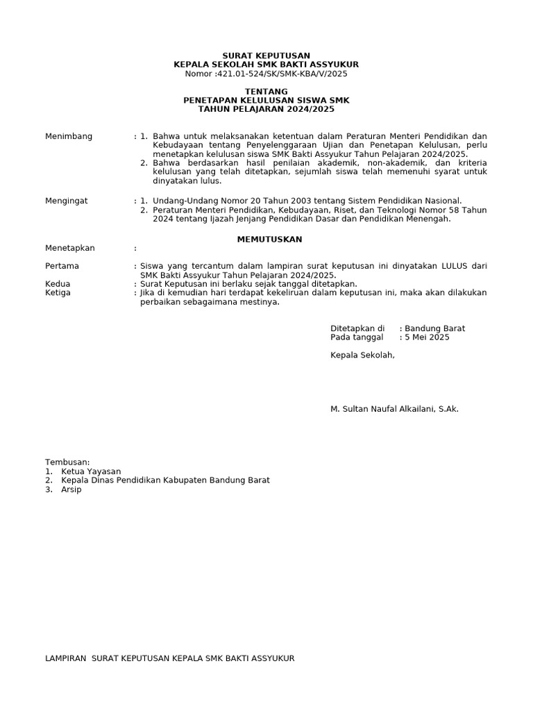 SK Penetapan Kelulusan TP 2024-2025 | PDF