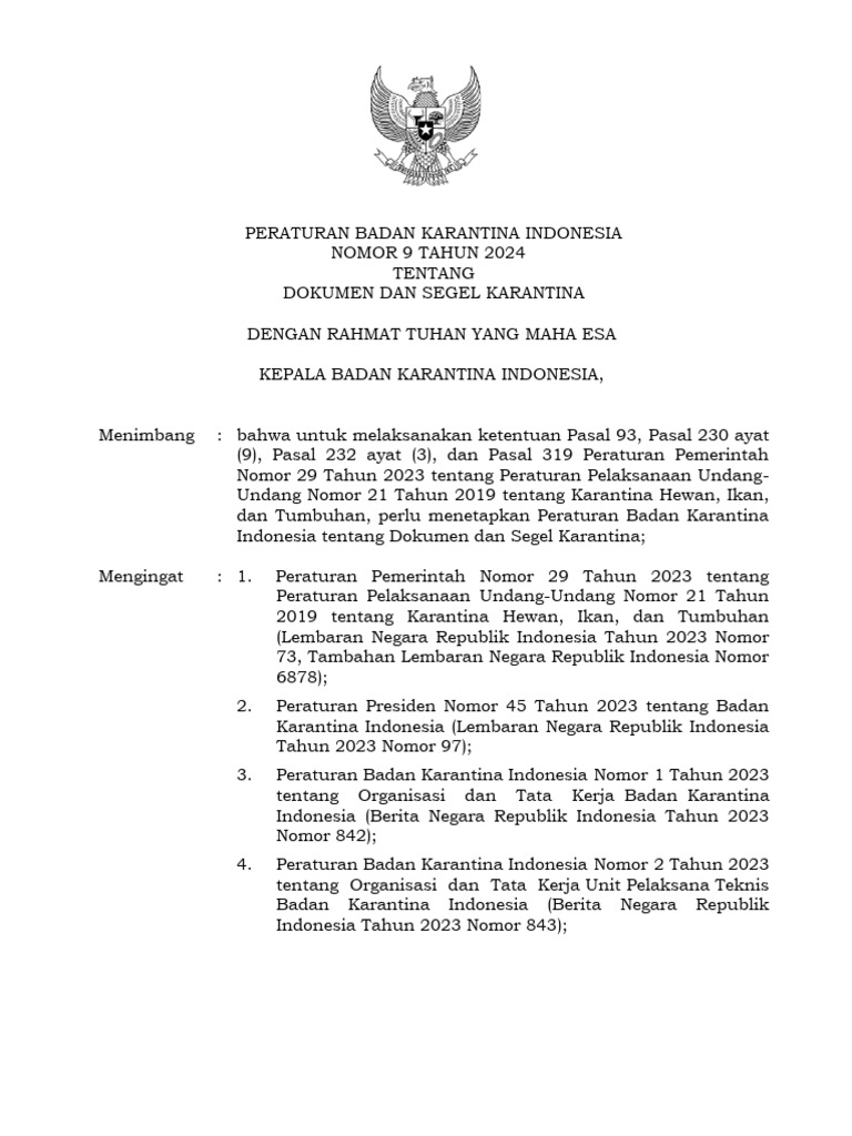 Peraturan Barantin No.9 2024 - Dokumen Dan Segel Karantina | PDF