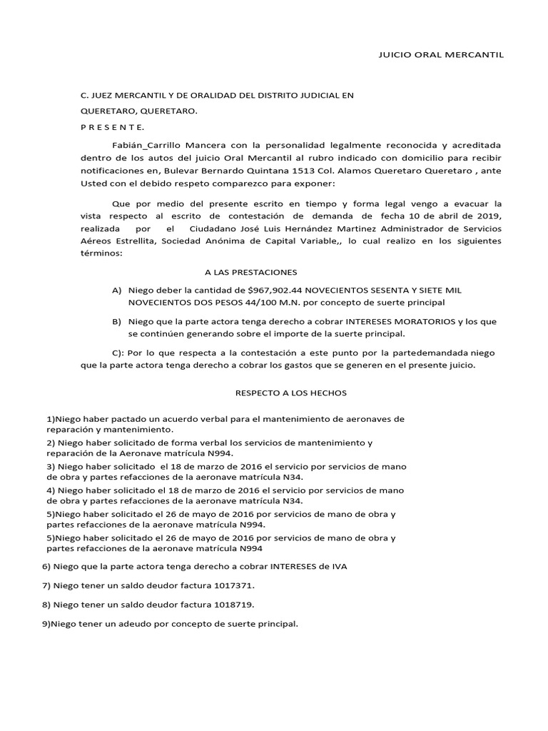 Contestación a Juicio Oral Mercantil | PDF