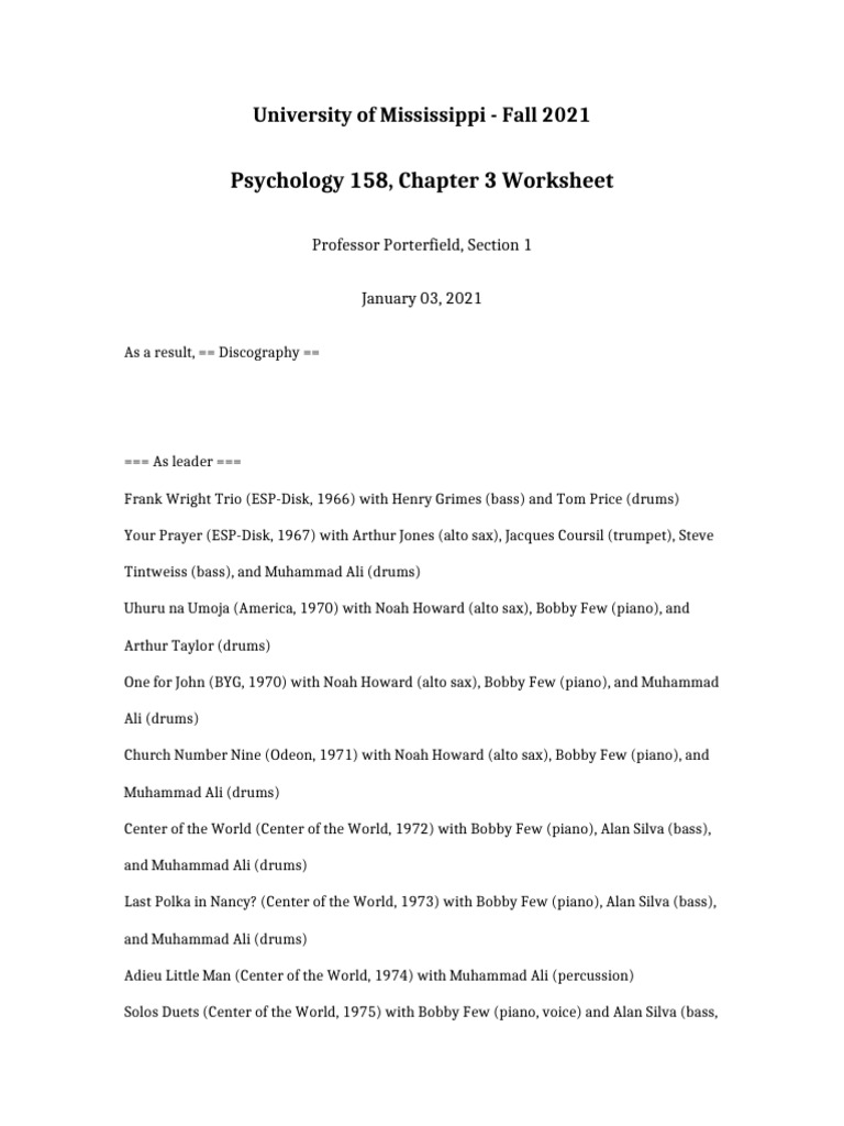 Psychology 158 Chapter 3 Worksheet | PDF | Jazz | Jazz Musicians