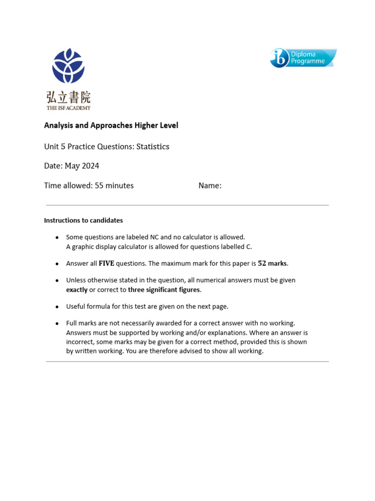 G11 AAHL Unit 5 Statistics Practice Assessment | PDF | Statistics | Variance