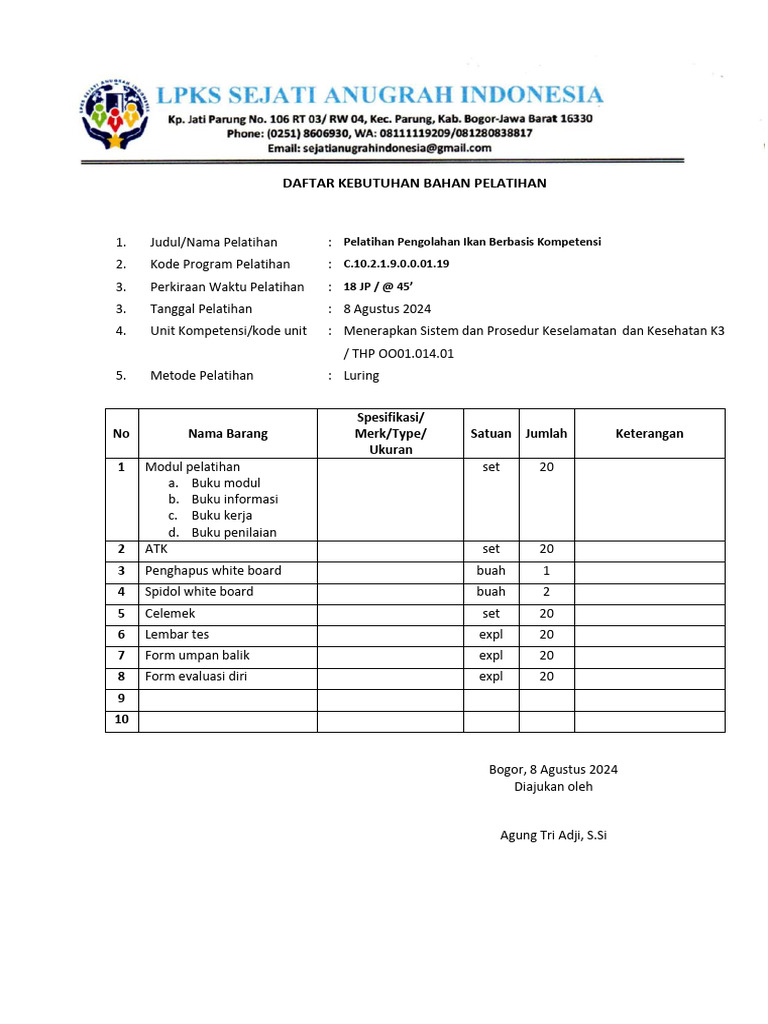 Daftar Bahan Pelatihan | PDF