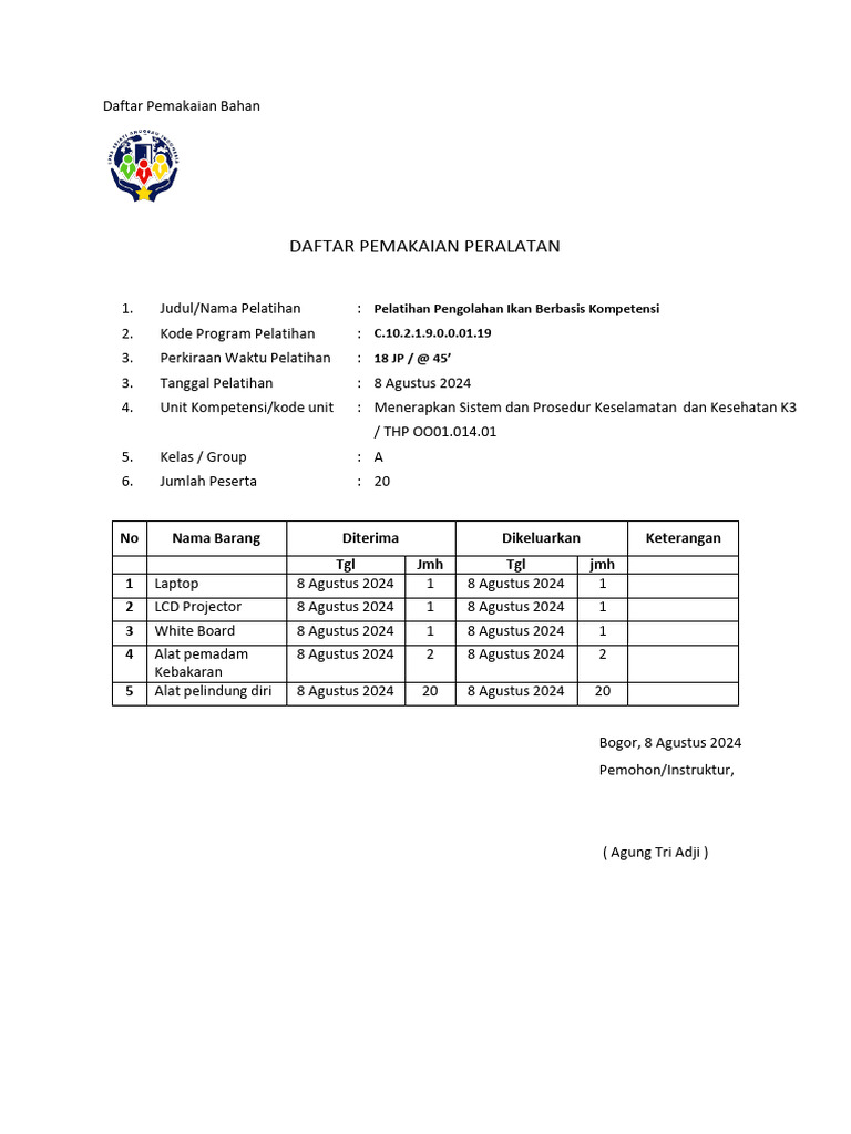 Daftar Pemakaian Peralatan | PDF