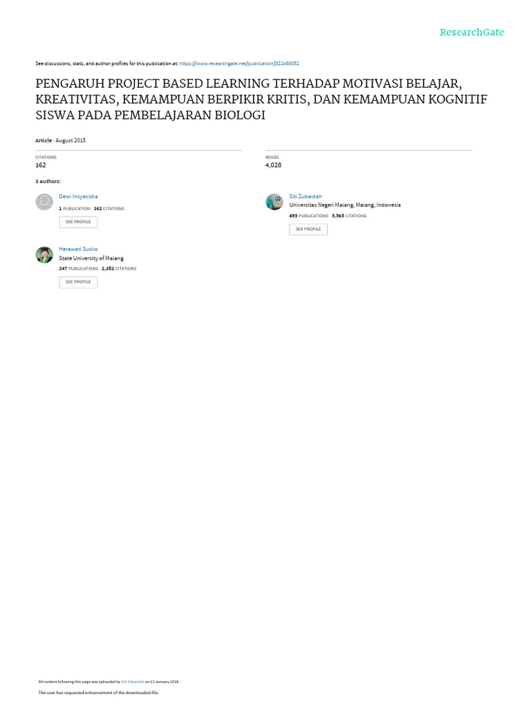 Pengaruh Project Based Learning Terhadap Motivasi Belajar Kreativitas Kemampuan Berpikir Kritis ...