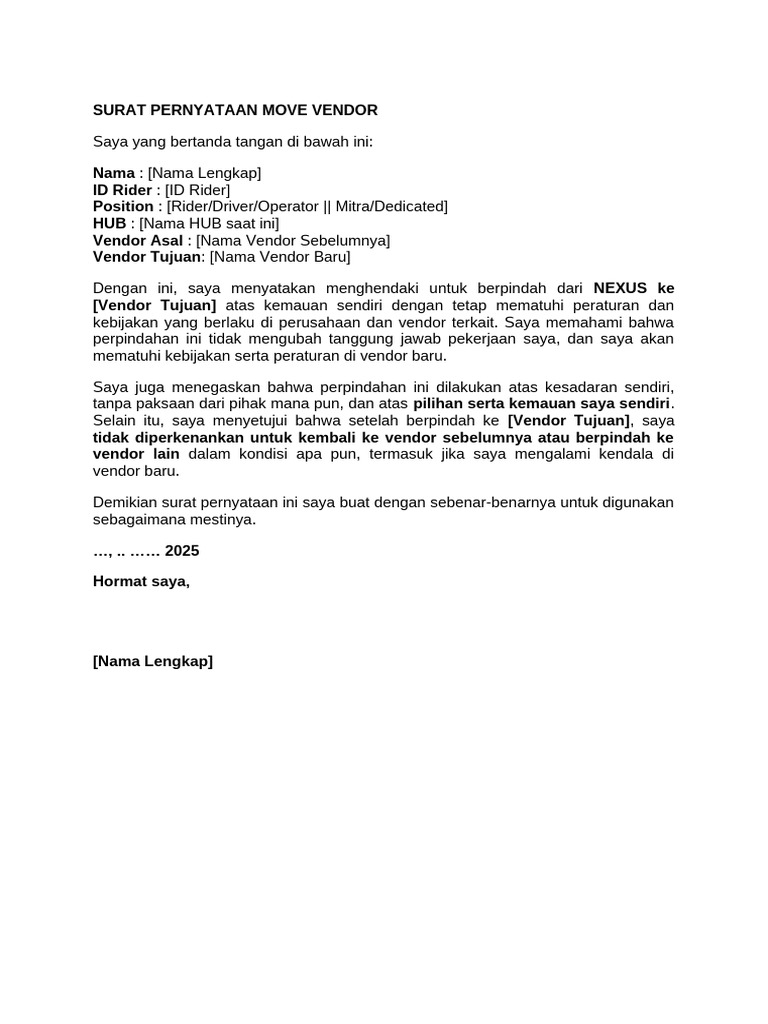 Surat Pernyataan Move Vendor | PDF