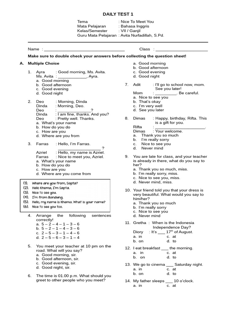 Daily Test Chapter 1 - 7TH Grade | PDF