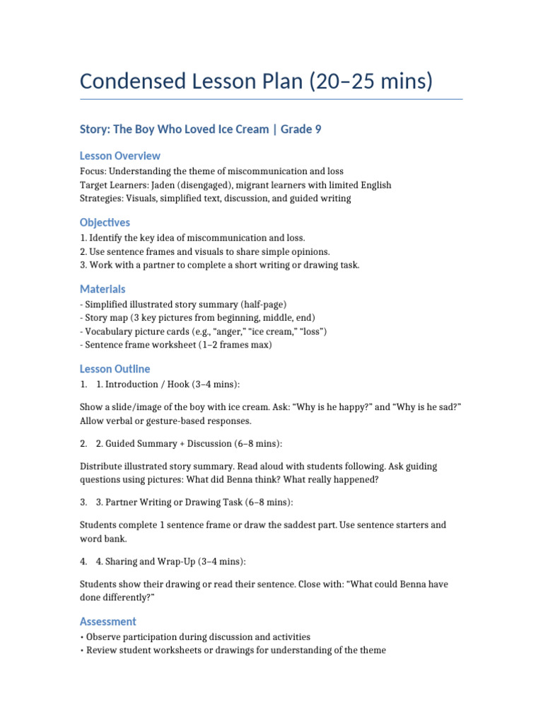 Condensed Lesson Plan The Boy Who Loved Ice Cream | PDF