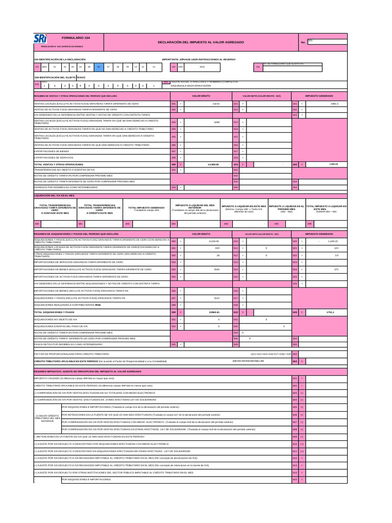 Declaración IVA Formulario 104 2025 | PDF | Impuesto al valor agregado ...