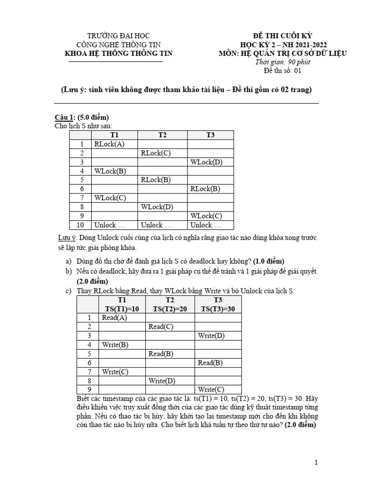 DeThiLTHQTCSDL DHCNTT CuoiKy HK2 2021-2022 De01 Final | PDF