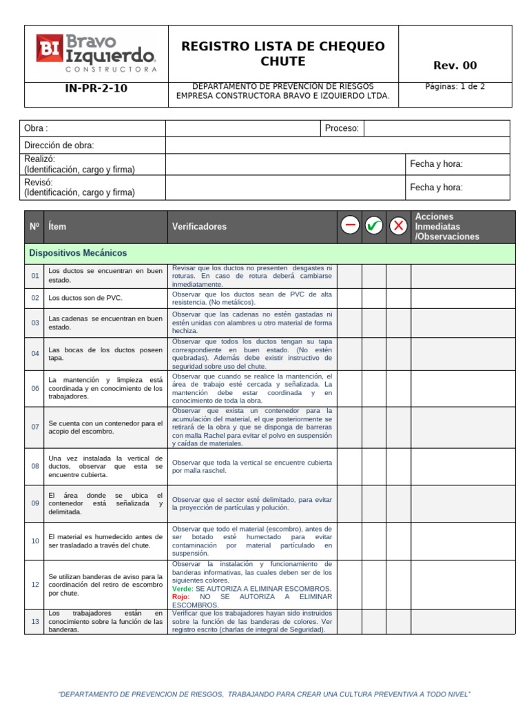 IN-PR-2-10 Registro Lista de Chequeo Chute | PDF