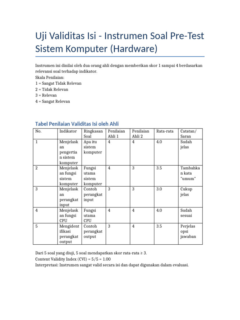 Uji Validitas Isi Pretest Sistem Komputer | PDF