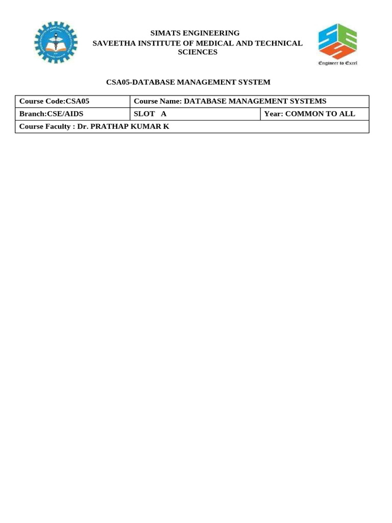 CSA05 DBMS - Course Plan 2025 | PDF | Databases | Relational Model