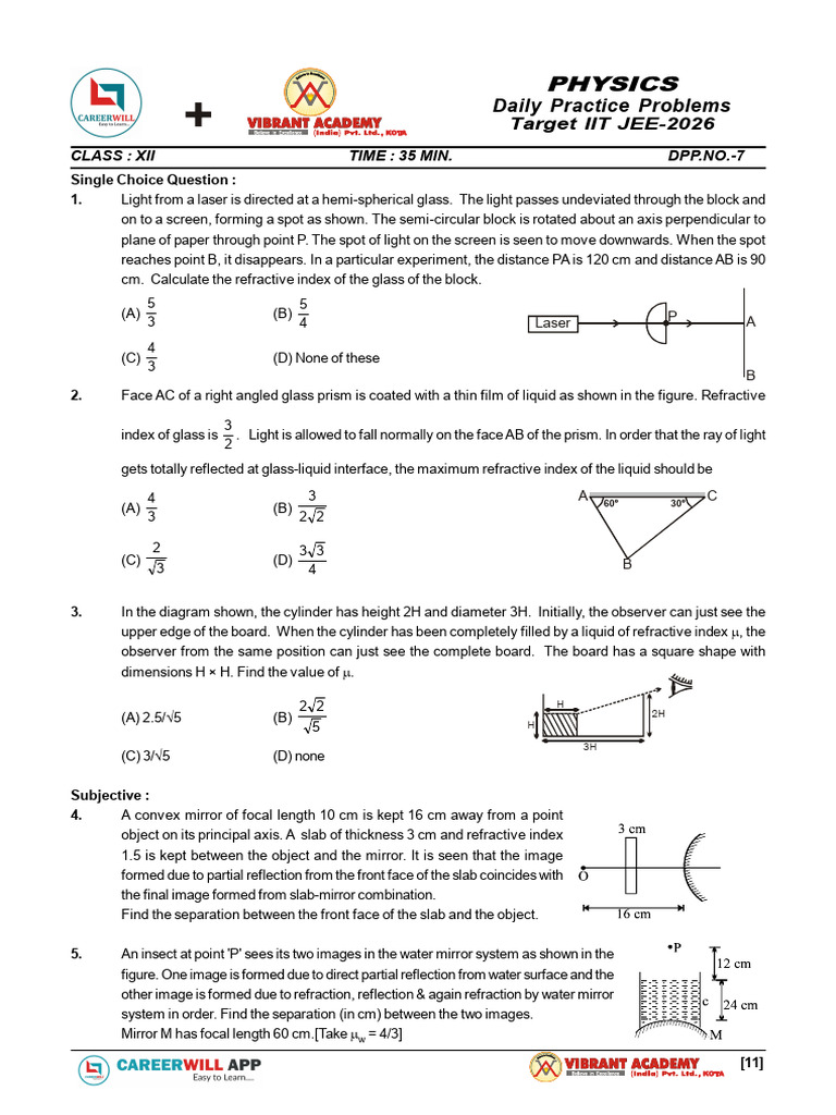 IIT JEE Physics Practice Problems 2026 | PDF | Mirror | Reflection ...