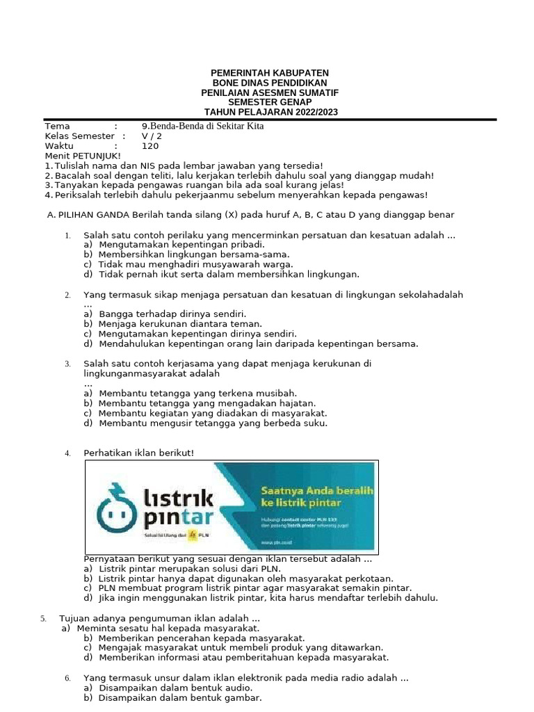 Soal Sumatif Kelas 5 Tema 9 | PDF