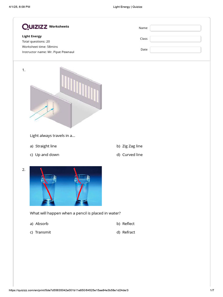 Light Energy Worksheets and Quiz | PDF | Reflection (Physics) | Light