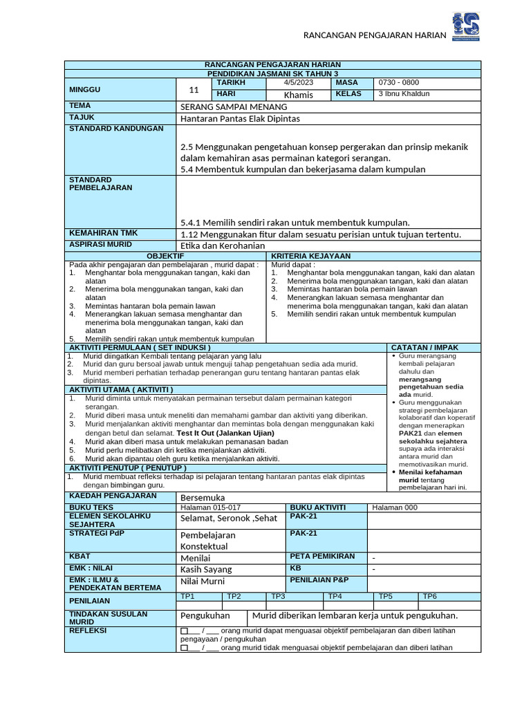 RPH Minggu 11 Pendidikan Jasmani THN 3 2023 by Cikgu Gorgeous | PDF