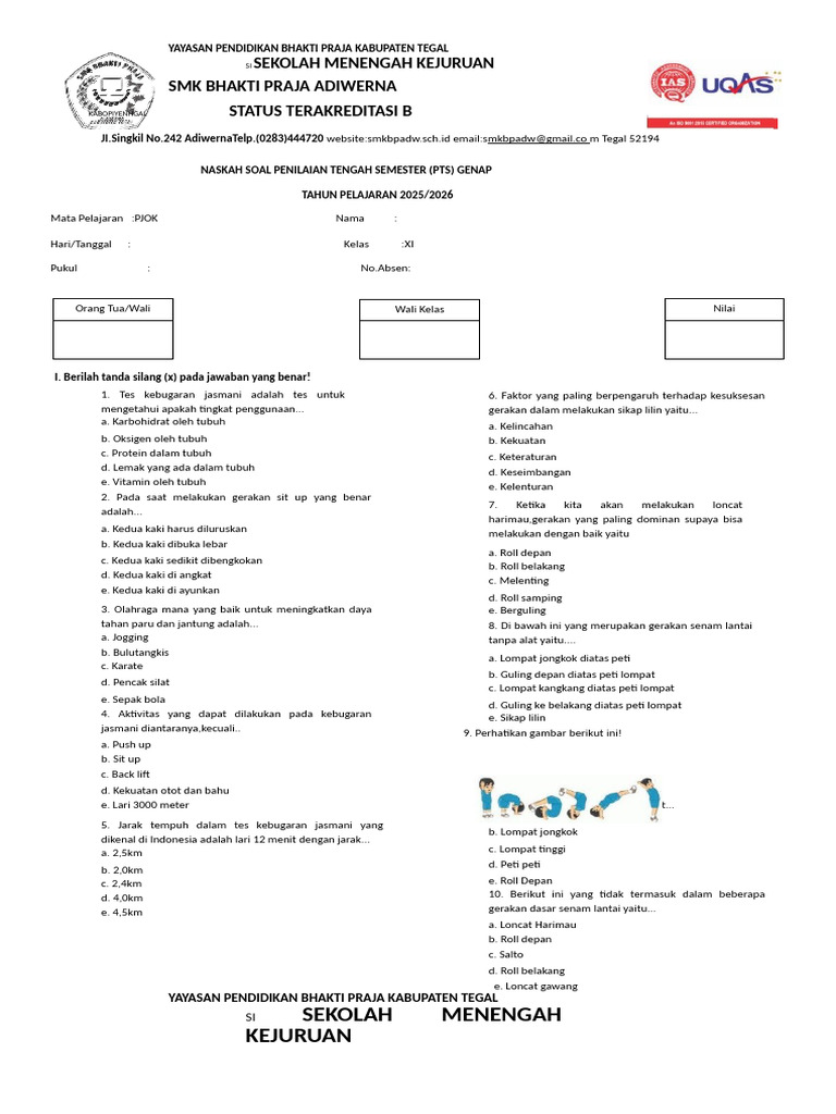 Soal PTS Genap PJOK Kelas XI | PDF