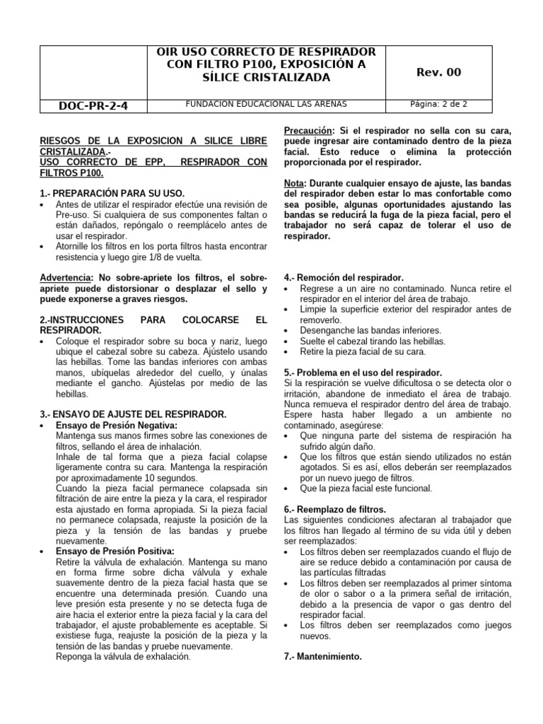 DOC-PR-2-4 Registro OIR Uso Correcto de Respirador P100, Exp A Silice | PDF | Agua