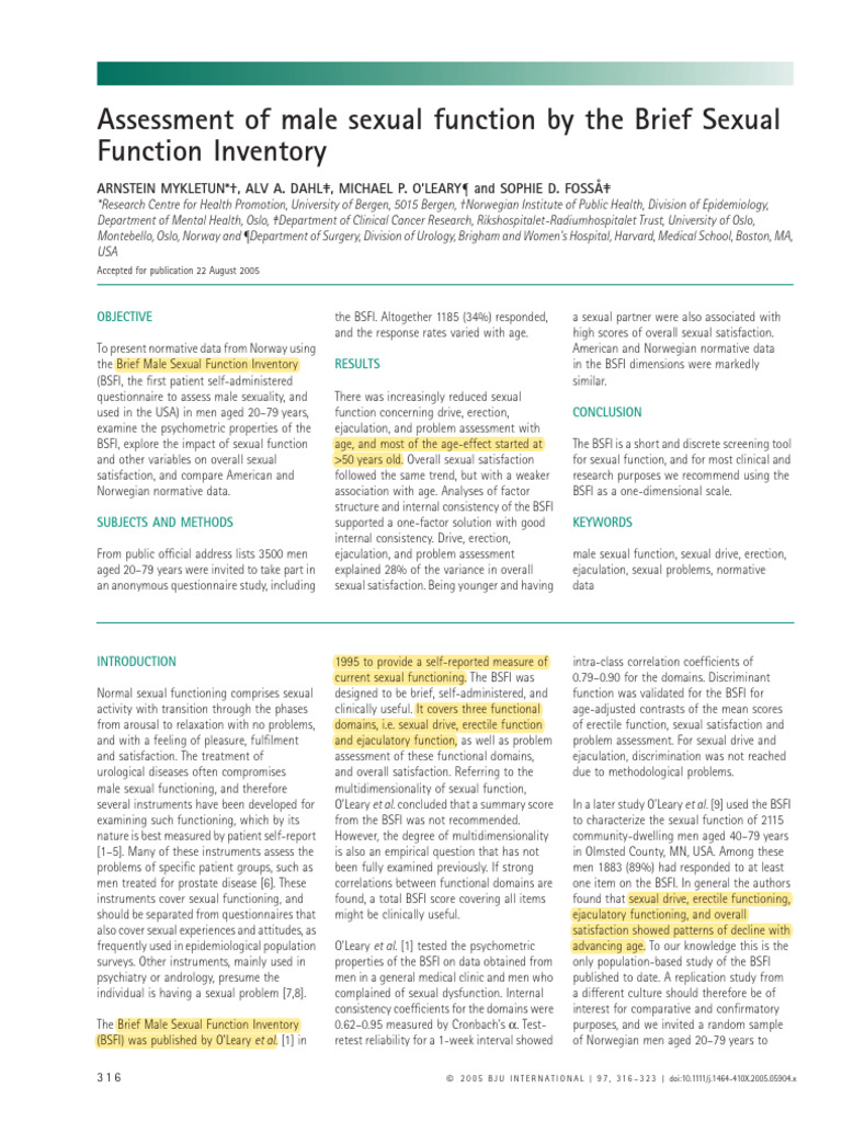 Assessment of male sexual function by the Brief Sexual Function Inventory | PDF | Regression ...