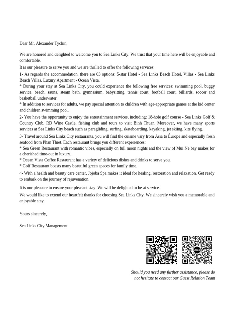 welcome letter tiếng anh có tên khách 509 | PDF